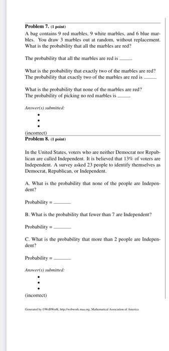 Solved Problem 7. (I point) A bag contains 9 red marbles, 9 | Chegg.com
