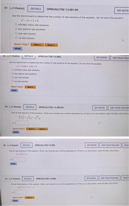 Use the discriminant to determine the number of real | Chegg.com