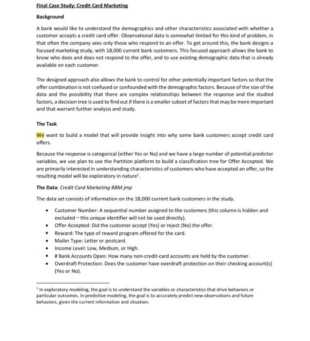 Final Case Study: Credit Card Marketing Background A | Chegg.com