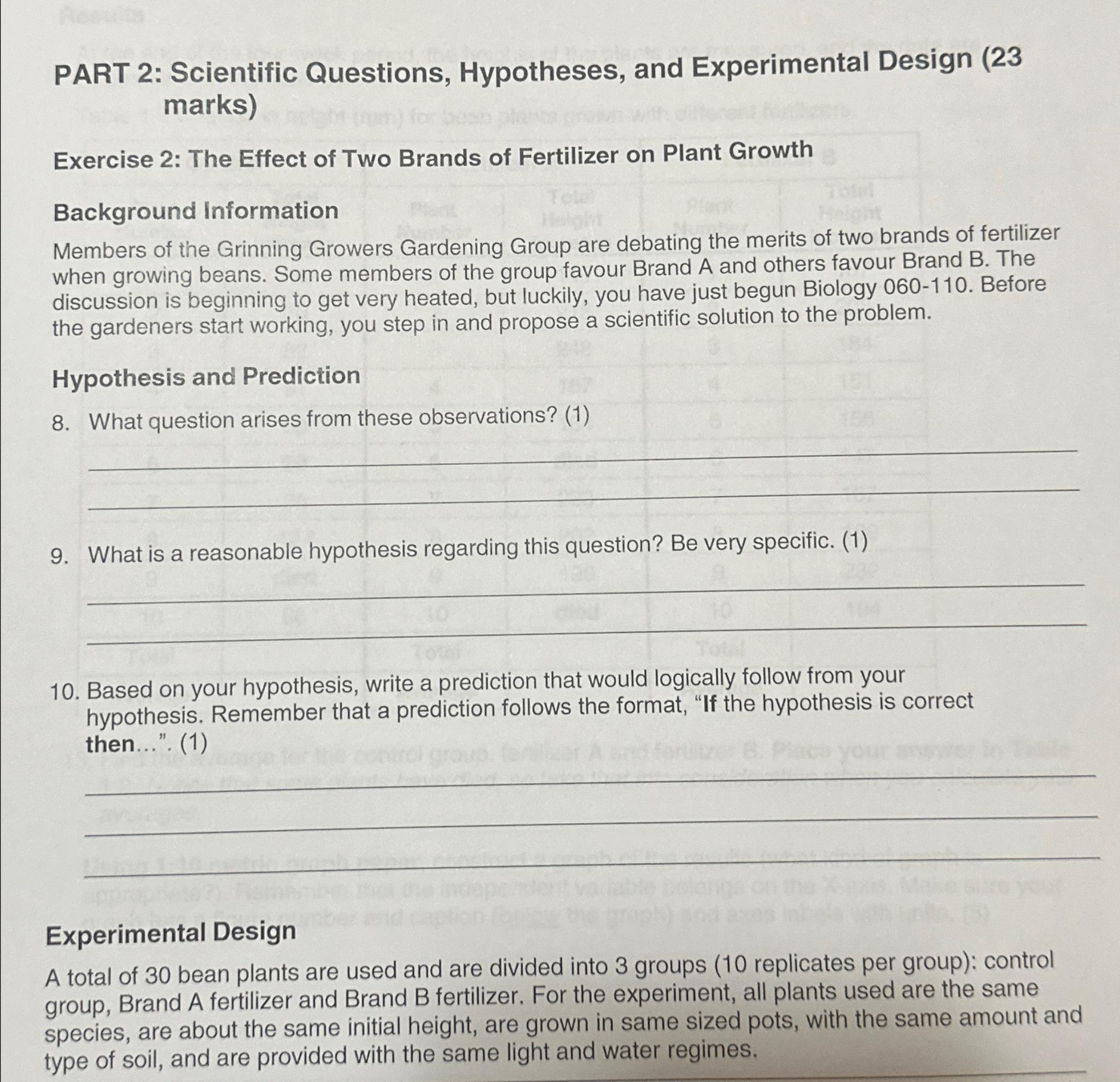 Solved PART 2: Scientific Questions, Hypotheses, and | Chegg.com