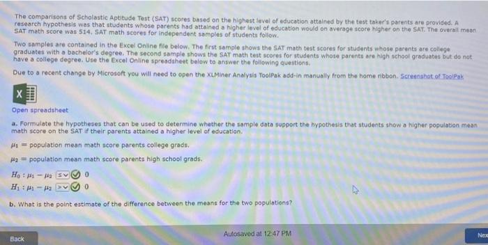 Solved The comparisons of Scholastic Aptitude Test (SAT) | Chegg.com