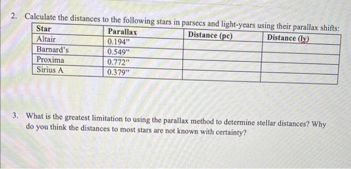 Solved 2. Calculate the distances to the following stars in | Chegg.com