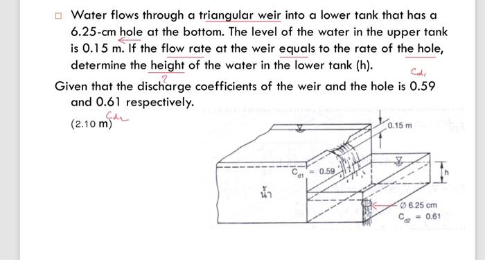 Solved Water flows through a triangular weir into a lower | Chegg.com