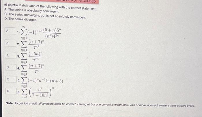 Solved (6 points) Match each of the following with the | Chegg.com