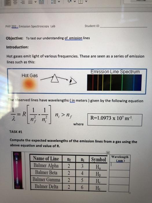 Solved 111 > > = PHY 202. Emission Spectroscopy Lab Student | Chegg.com