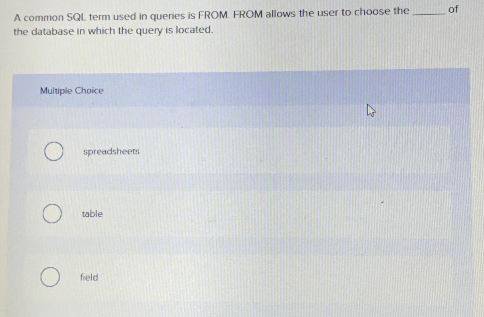 Solved A common SQL term used in queries is FROM. FROM | Chegg.com
