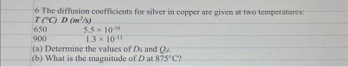 Solved 6 The diffusion coefficients for silver in copper are | Chegg.com