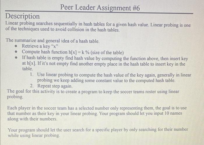 Solved Peer Leader Assignment #6 Description Linear probing | Chegg.com