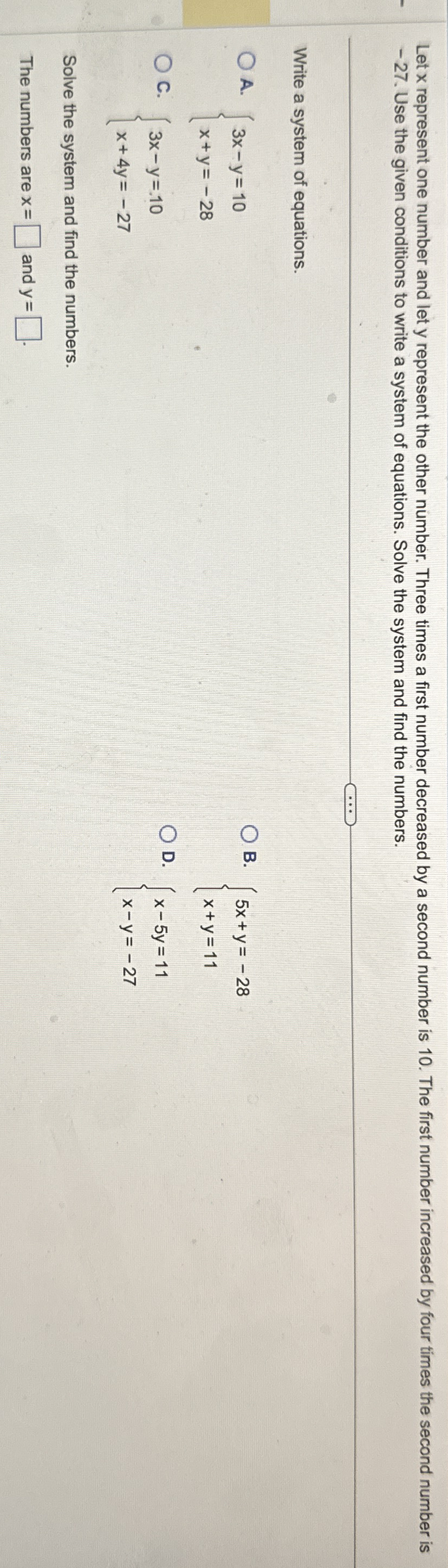 Solved Let x ﻿represent one number and let y ﻿represent the | Chegg.com