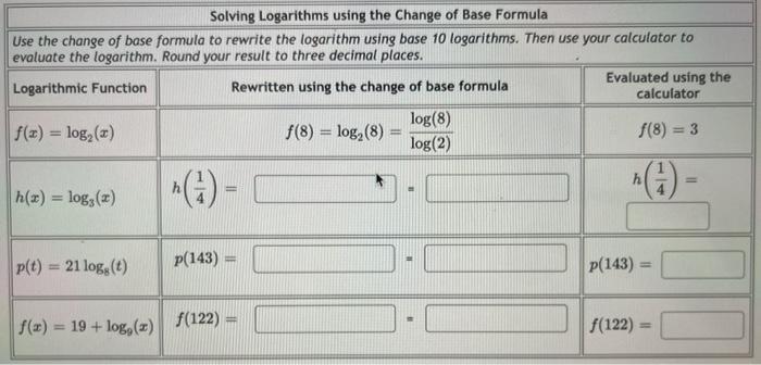 Solved Solving Logarithms using the Change of Base Formula | Chegg.com