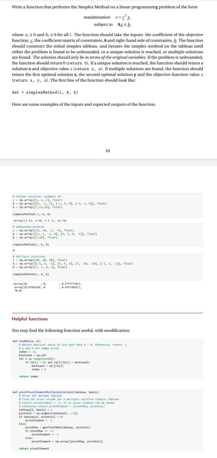 Write A Function That Performs The Simplex Method On
