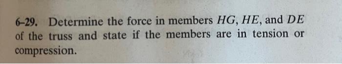 Solved 6-29. Determine the force in members HG,HE, and DE of | Chegg.com