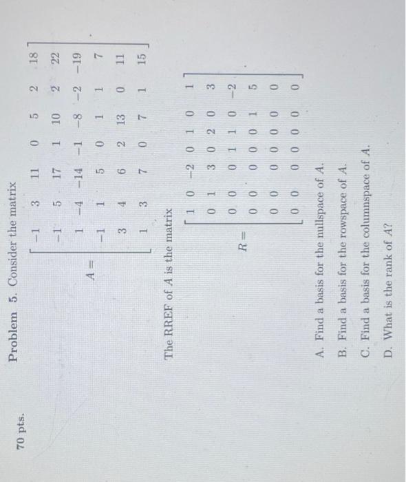 Solved Problem 5. Consider the matrix 70 pts. -1 3 11 0 5 2 | Chegg.com