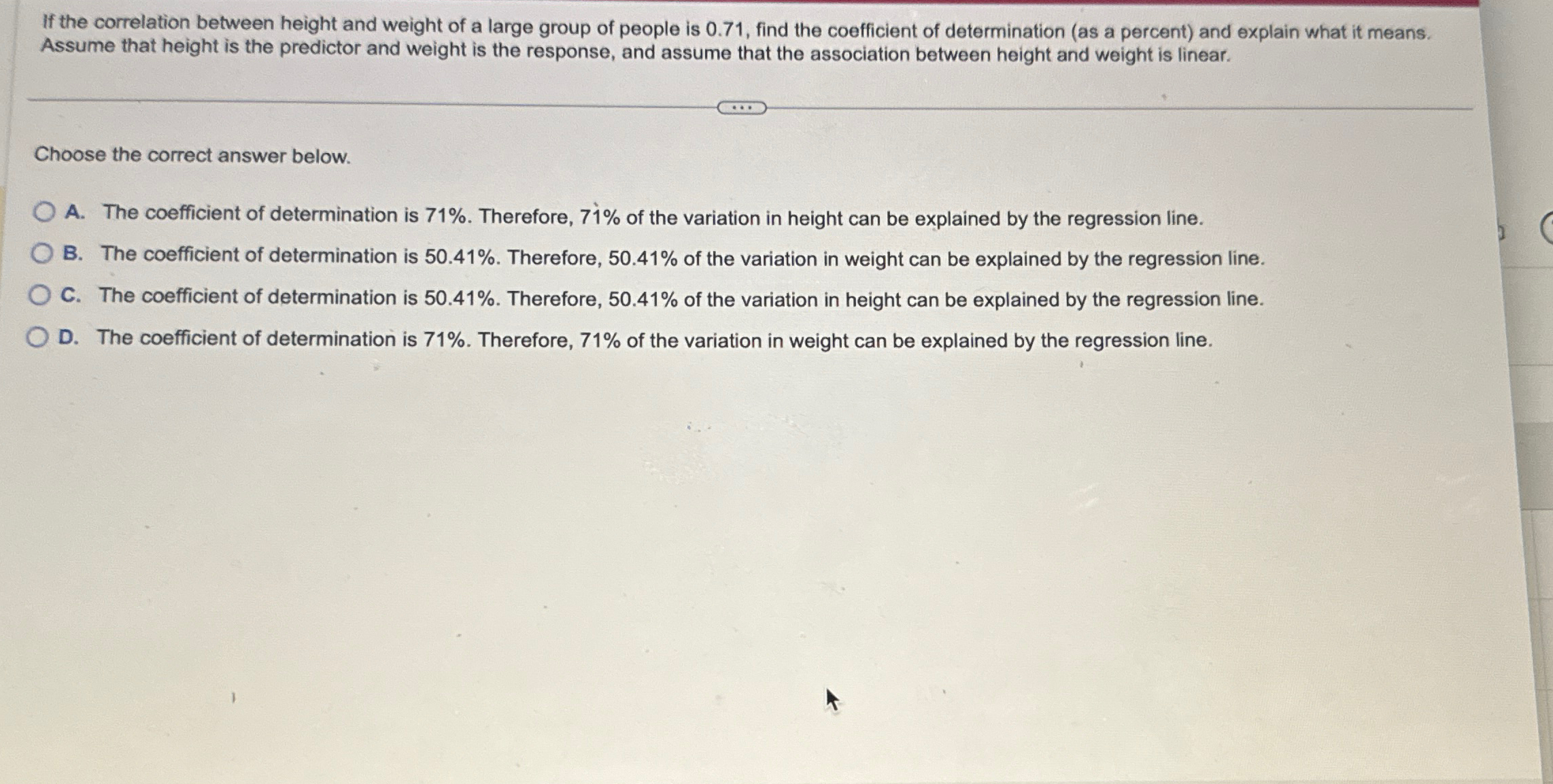 Solved If the correlation between height and weight of a | Chegg.com
