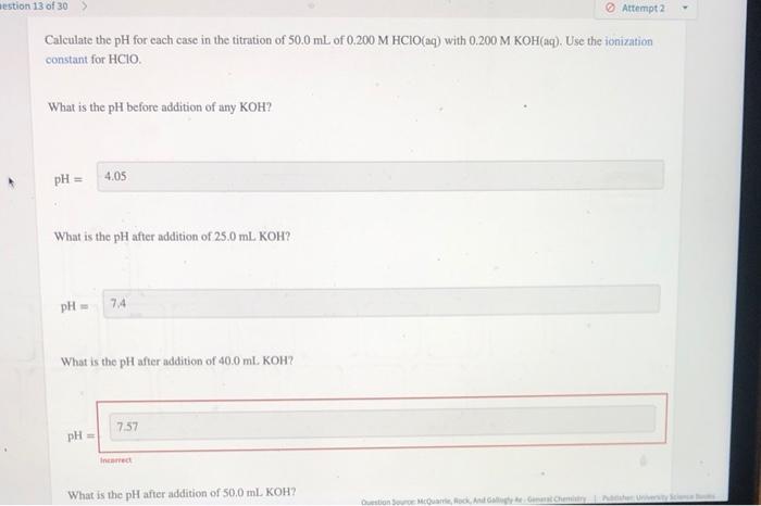 Solved Calculate the pH for each case in the titration of | Chegg.com