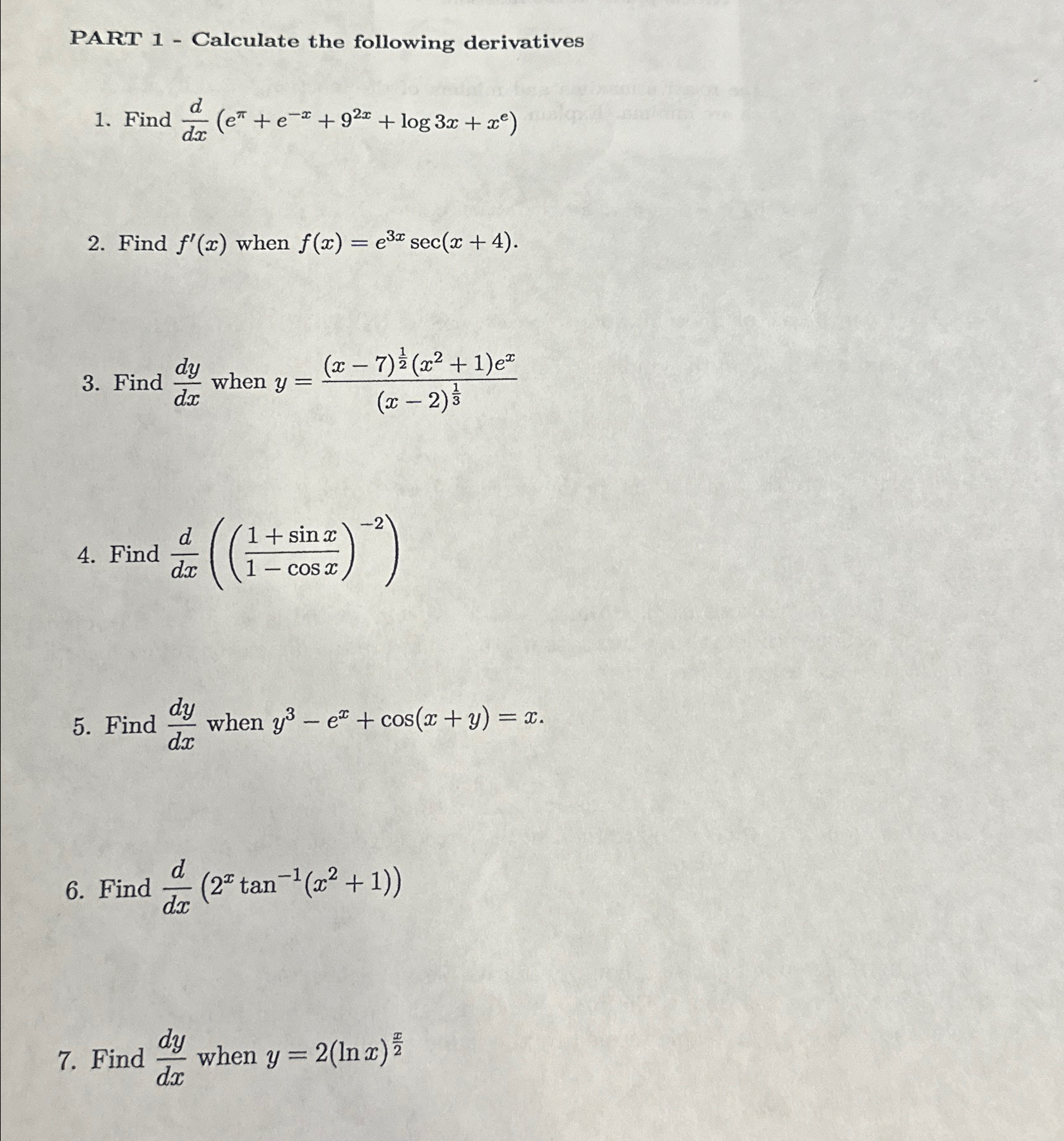 Solved PART 1 - ﻿Calculate the following derivativesFind | Chegg.com