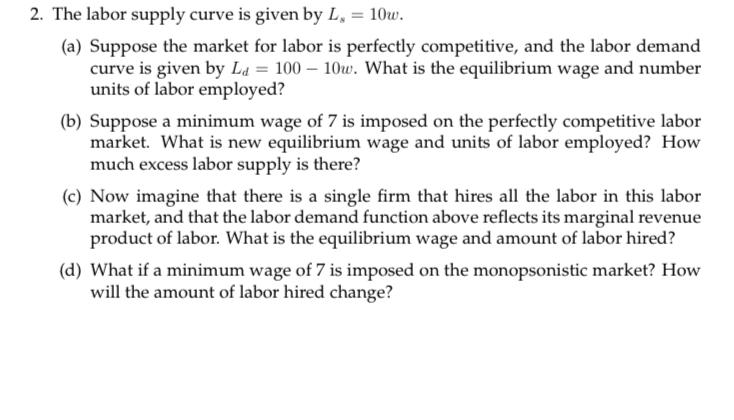Solved The Labor Supply Curve Is Given By Ls10wa 1245