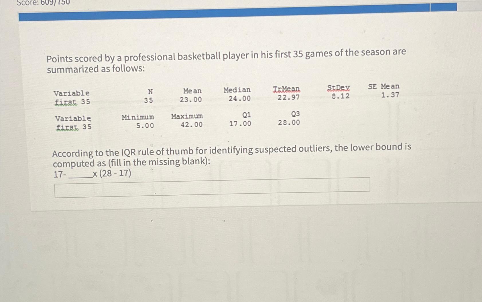Solved Points scored by a professional basketball player in | Chegg.com