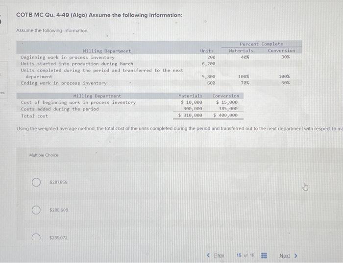 Solved COTB MC Qu. 4.49 (Algo) Assume the following | Chegg.com