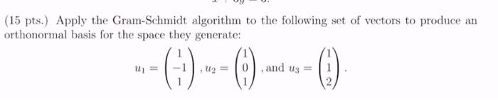 Solved (15 pts.) Apply the Gram-Schmidt algorithm to the | Chegg.com