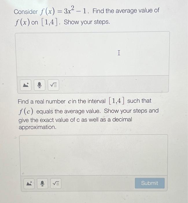 Solved Consider f(x)=3x2−1. Find the average value of f(x) | Chegg.com