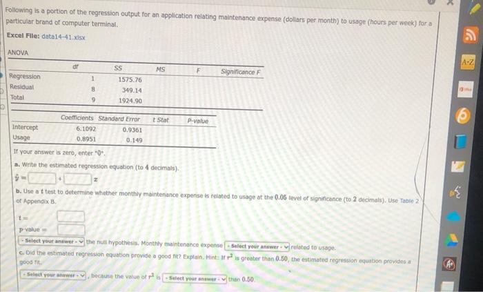 Solved Following is a portion of the regression output for | Chegg.com