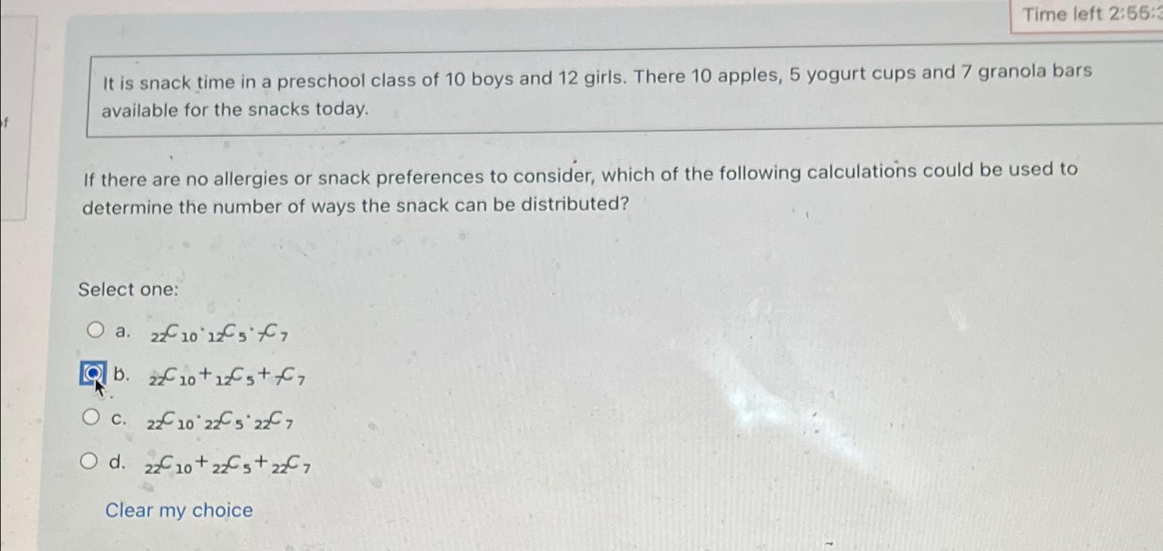 Solved Time left 2:55:It is snack time in a preschool class | Chegg.com