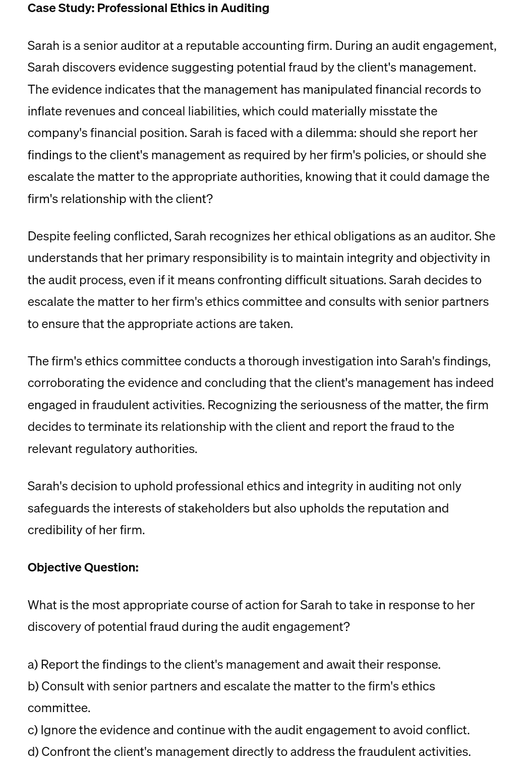 Solved Case Study: Professional Ethics in AuditingSarah is a | Chegg.com