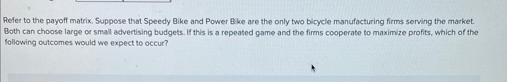 Solved Refer to the payoff matrix. Suppose that Speedy Bike | Chegg.com
