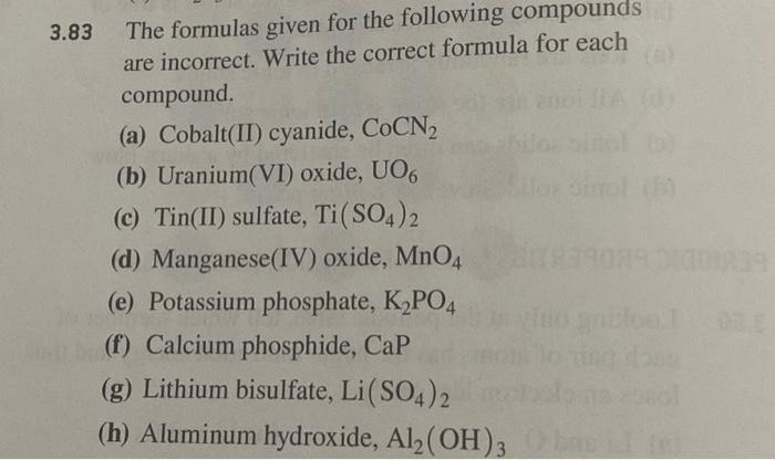 Solved 3.83 The formulas given for the following compounds | Chegg.com