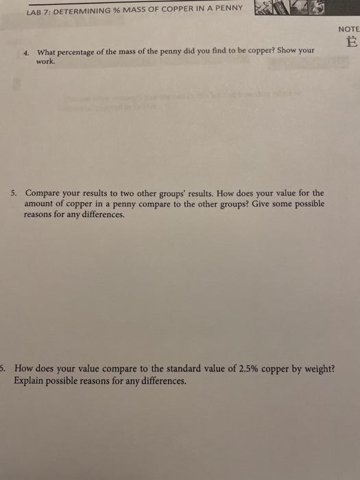 LAB 7: DETERMINING % MASS OF COPPER IN A PENNY 59 | Chegg.com