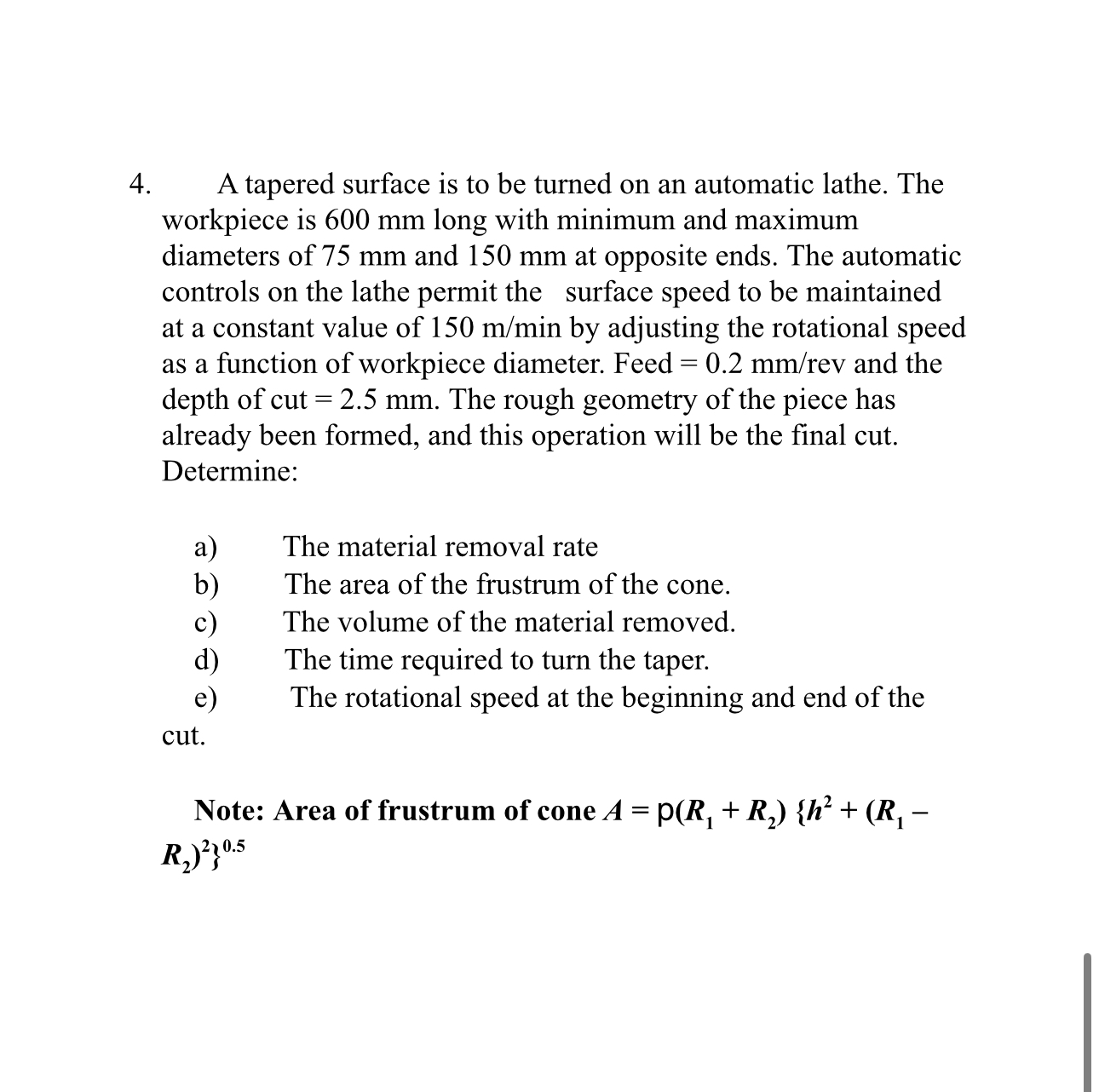 Solved A tapered surface is to be turned on an automatic | Chegg.com