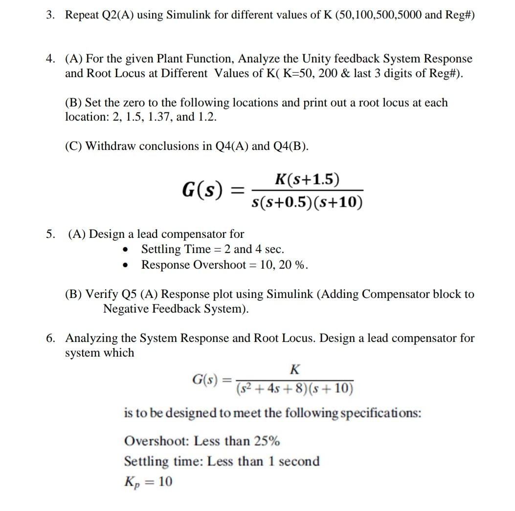 3. Repeat Q2(A) using Simulink for different values | Chegg.com