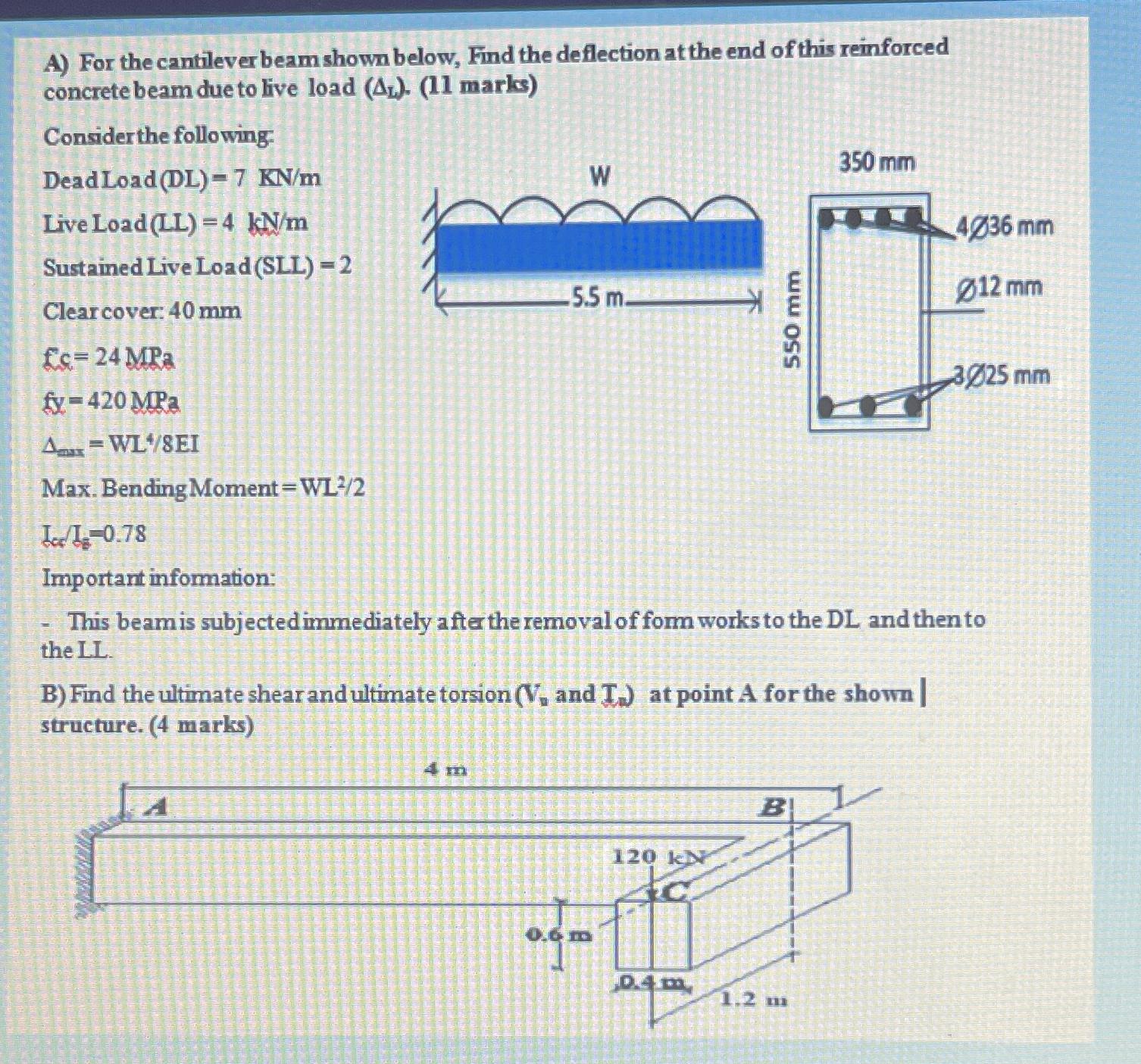 Solved A) ﻿For the cantilever beam shown below, Find the | Chegg.com