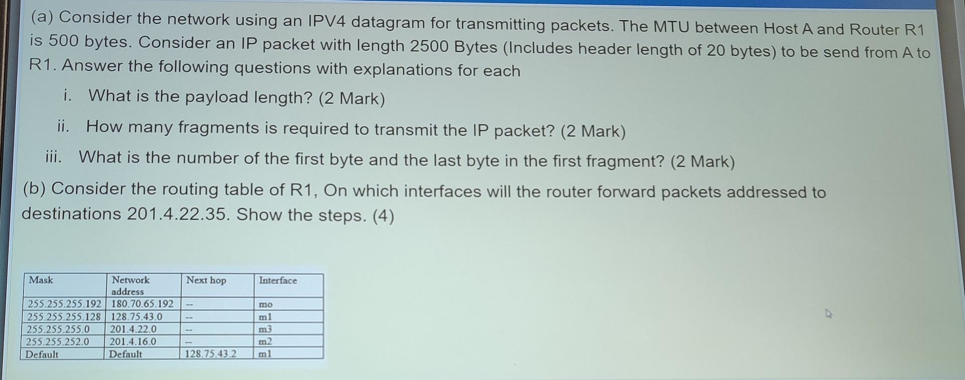 Solved (a) Consider the network using an IPV4 datagram for | Chegg.com