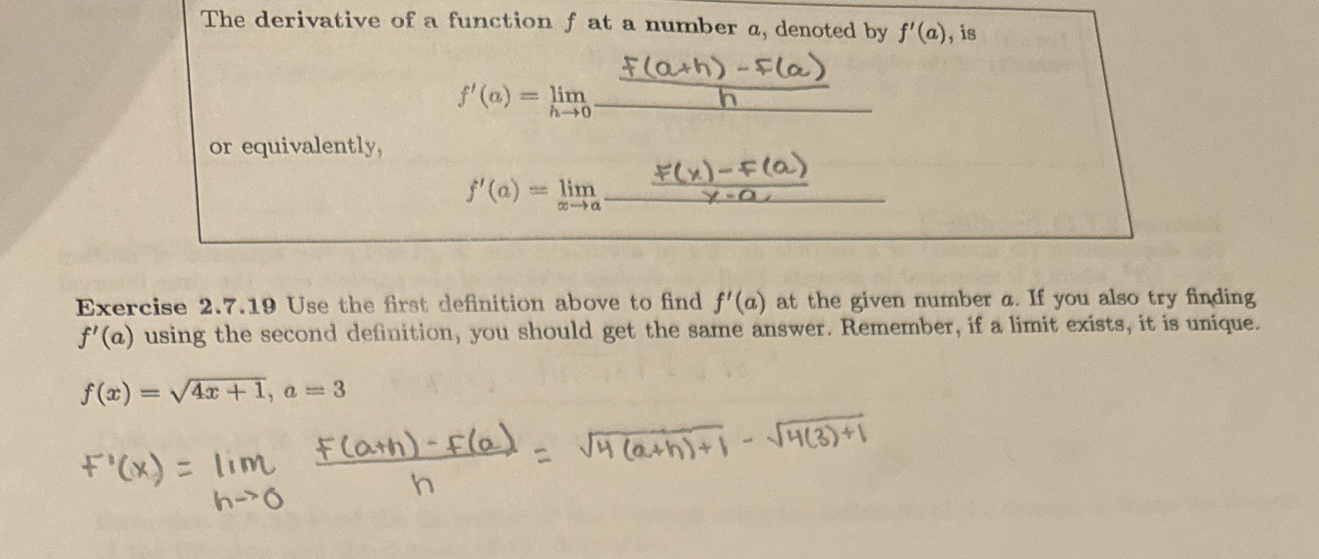Solved Exercise 2.7.19 ﻿Use the first definition above to | Chegg.com