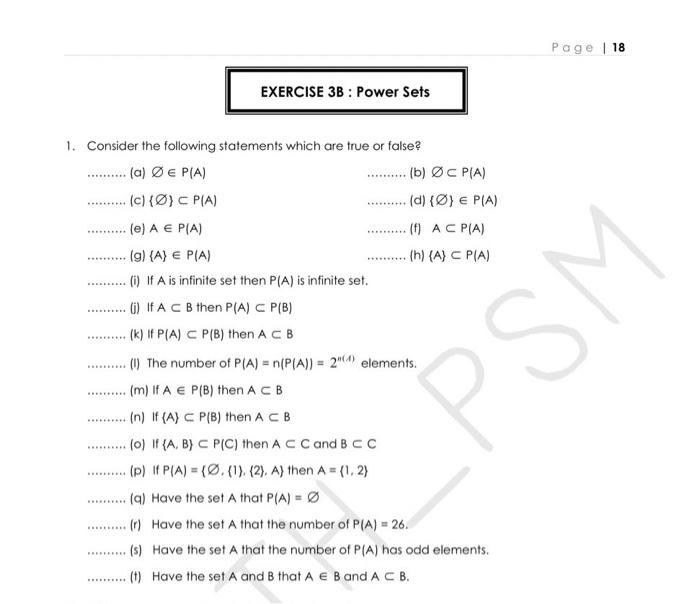 Solved Page 18 EXERCISE 3B: Power Sets 1. Consider the | Chegg.com