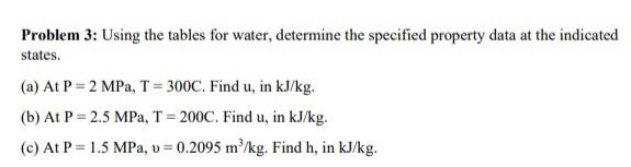 Solved Problem 3: Using the tables for water, determine the | Chegg.com