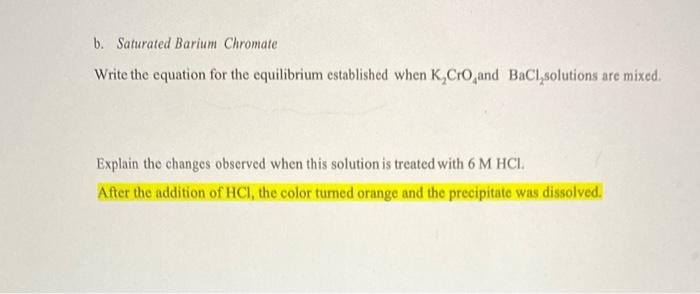 Solved b. Saturated Barium Chromate Write the equation for | Chegg.com