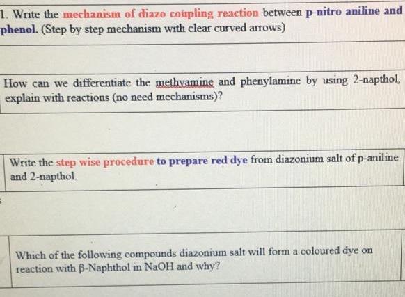 Solved 1. Write the mechanism of diazo coupling reaction | Chegg.com