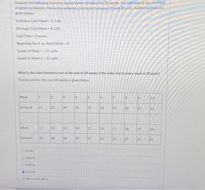 Solved Simulate the following inventory replenishment | Chegg.com
