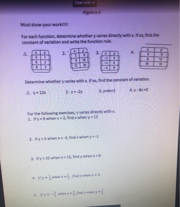 Solved Open with - Algebra II Must show your work!!!! For | Chegg.com