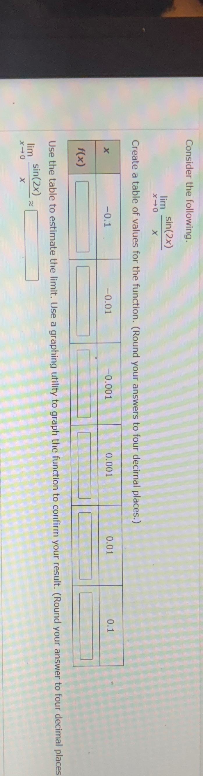 Solved Consider the following.limx→0sin(2x)xCreate a table | Chegg.com