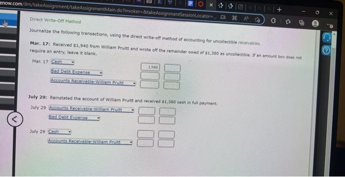 Direct Write-Off Method Journalize the following | Chegg.com