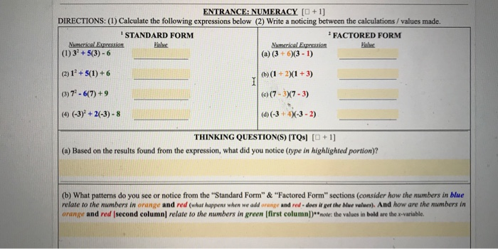 Solved ENTRANCE: NUMERACY (0 + 1] DIRECTIONS: (1) Calculate | Chegg.com