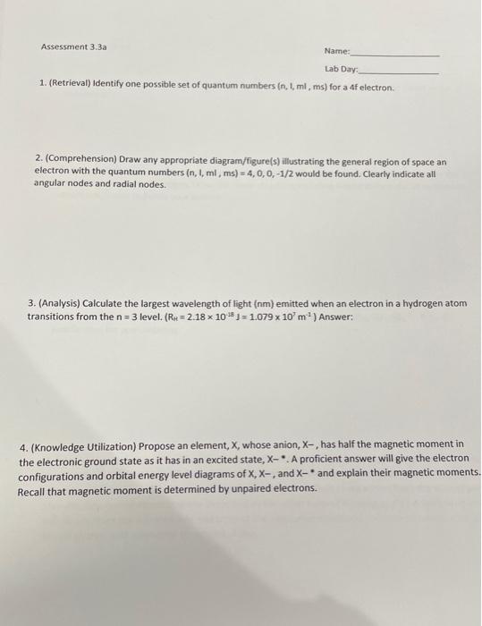 Solved 1. (Retrieval) Identify one possible set of quantum | Chegg.com