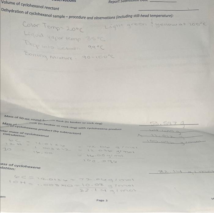 Solved volume of cyclohexanol reactant Dehydration of | Chegg.com