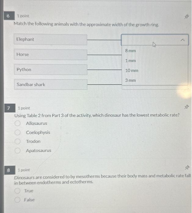 Solved 1 point Match the following animals with the | Chegg.com