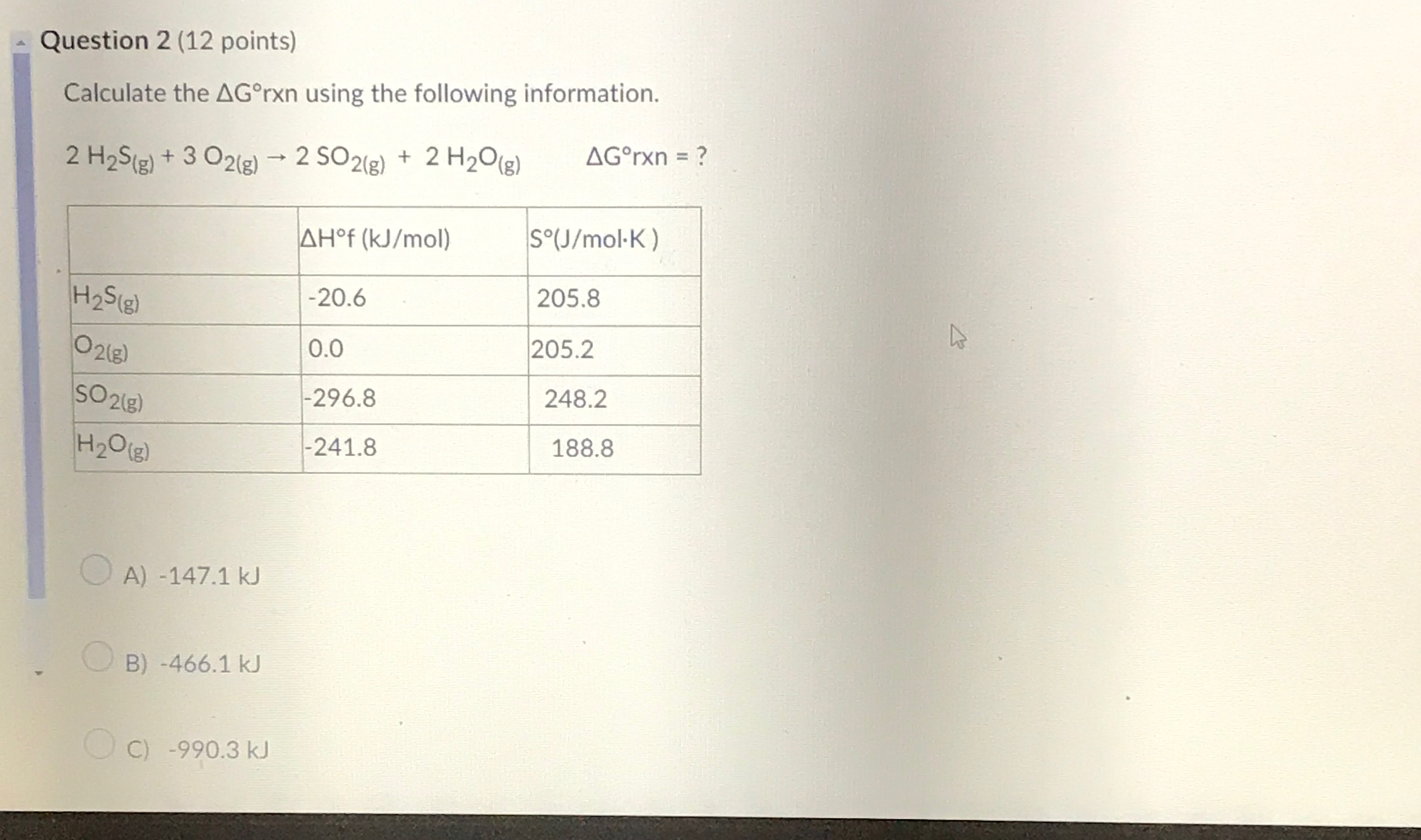 Solved Question 2 (12 ﻿points)Calculate the ΔG°rxn ﻿using | Chegg.com