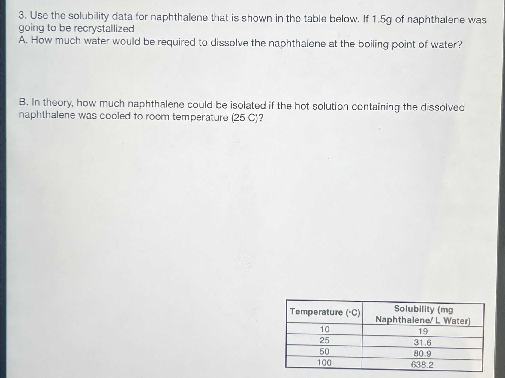 Solved Use the solubility data for naphthalene that is shown | Chegg.com